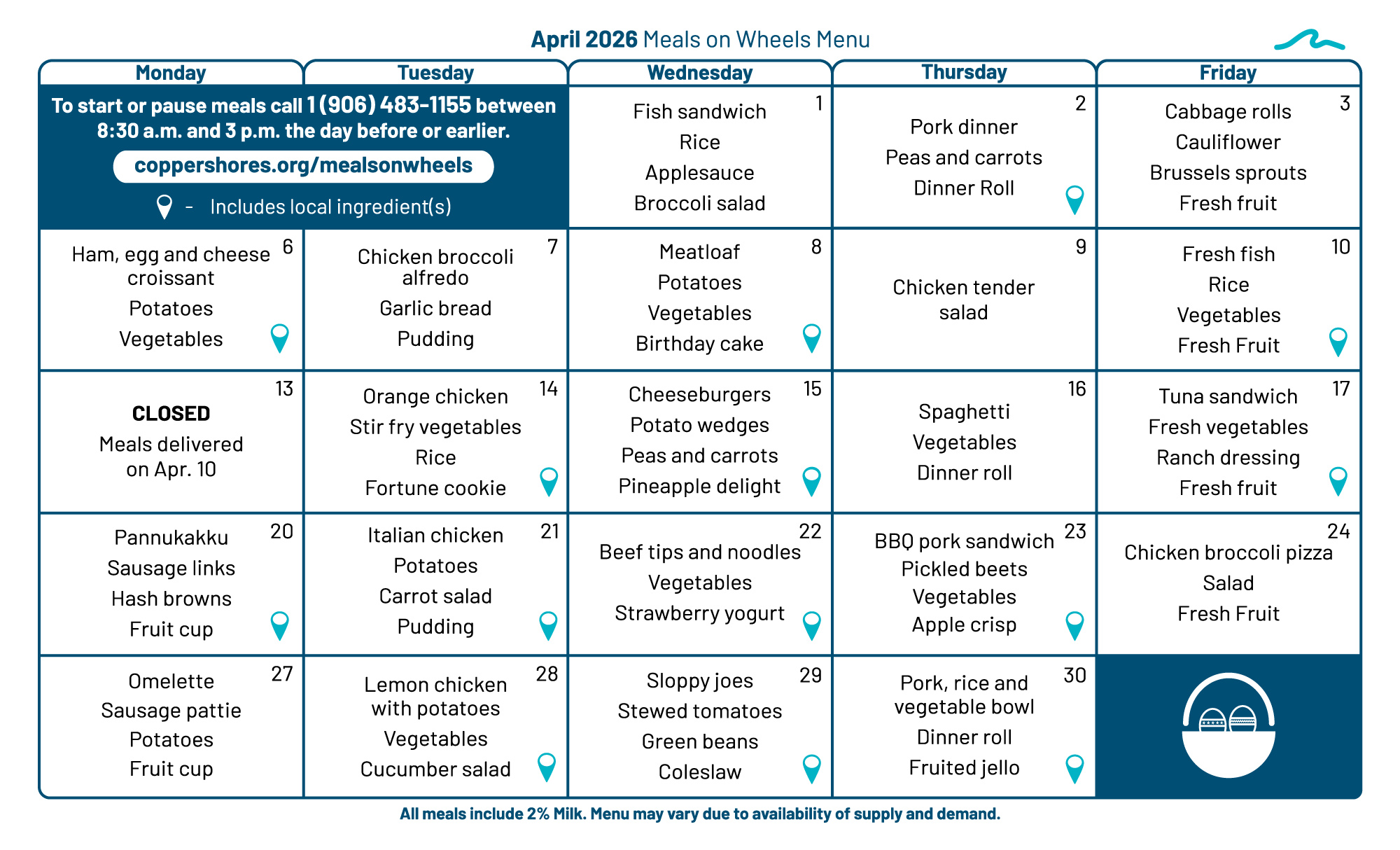 April 2026 Menu Highlight at Copper Shores Meals on Wheels