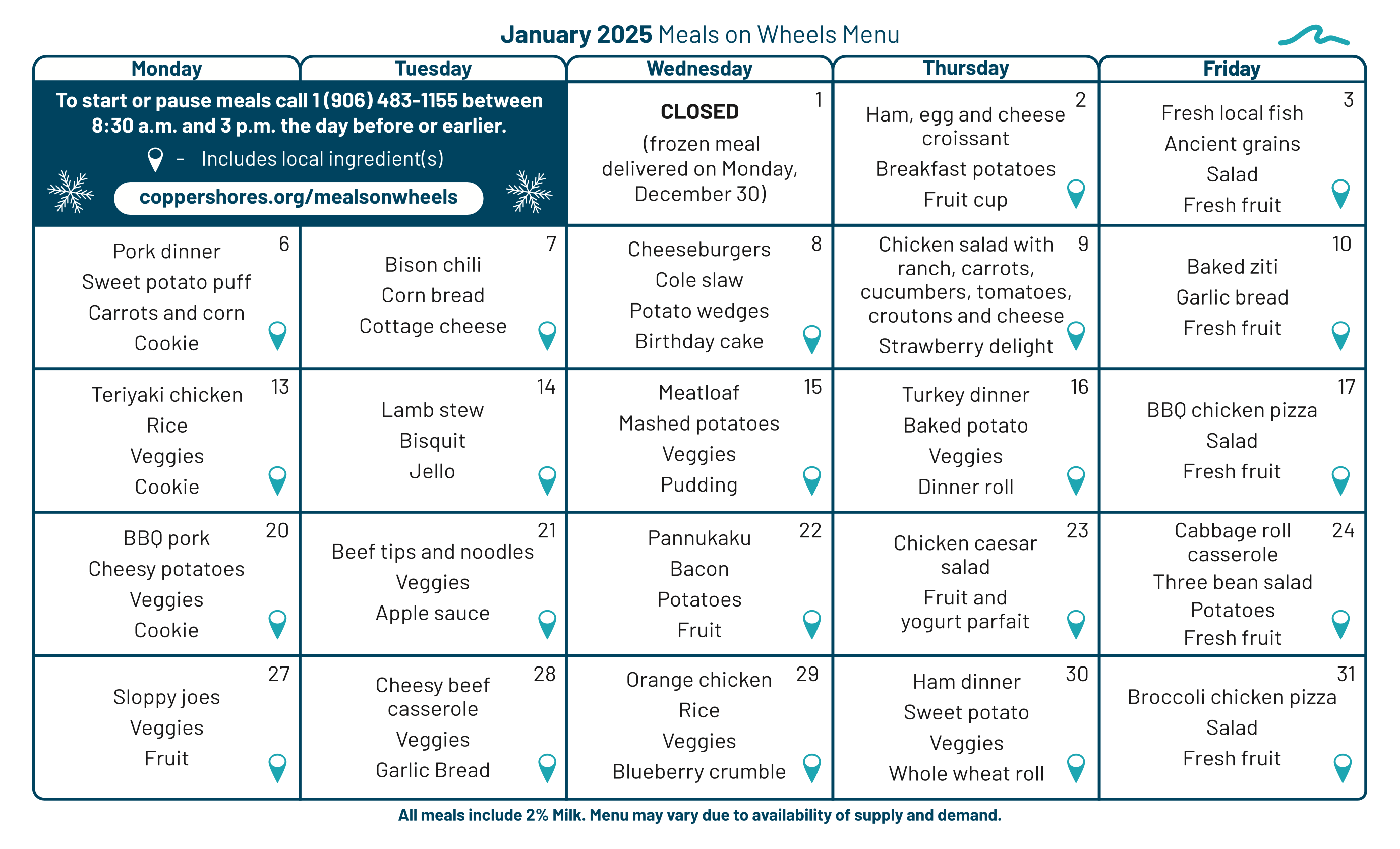 January 2025 Menu Highlight at Copper Shores Meals on Wheels
