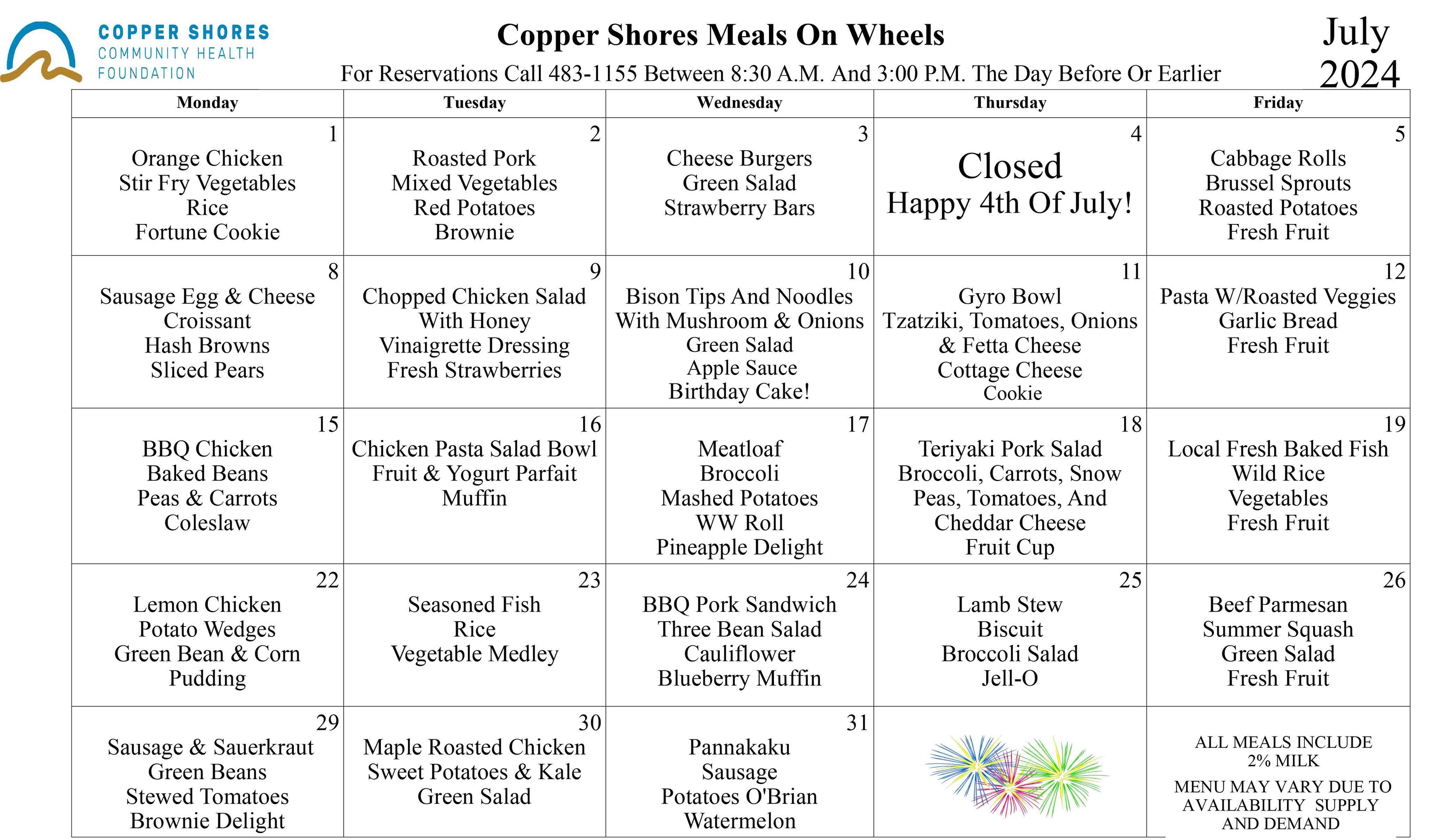 July 2024 Menu highlight